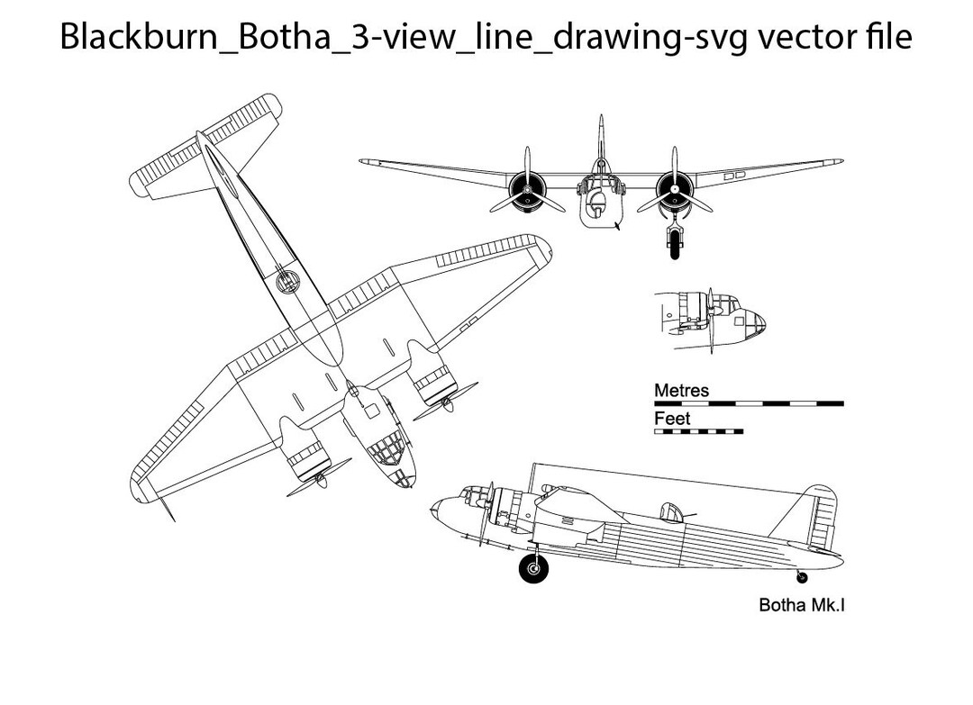 Blackburn Botha 3 View Line Drawing Svg Vector File , Black White ...