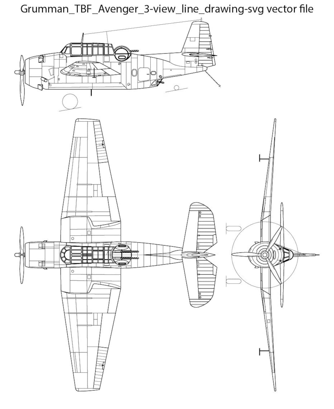 Grumman TBF Avenger 3 View Line Drawing Vector File, Black White ...