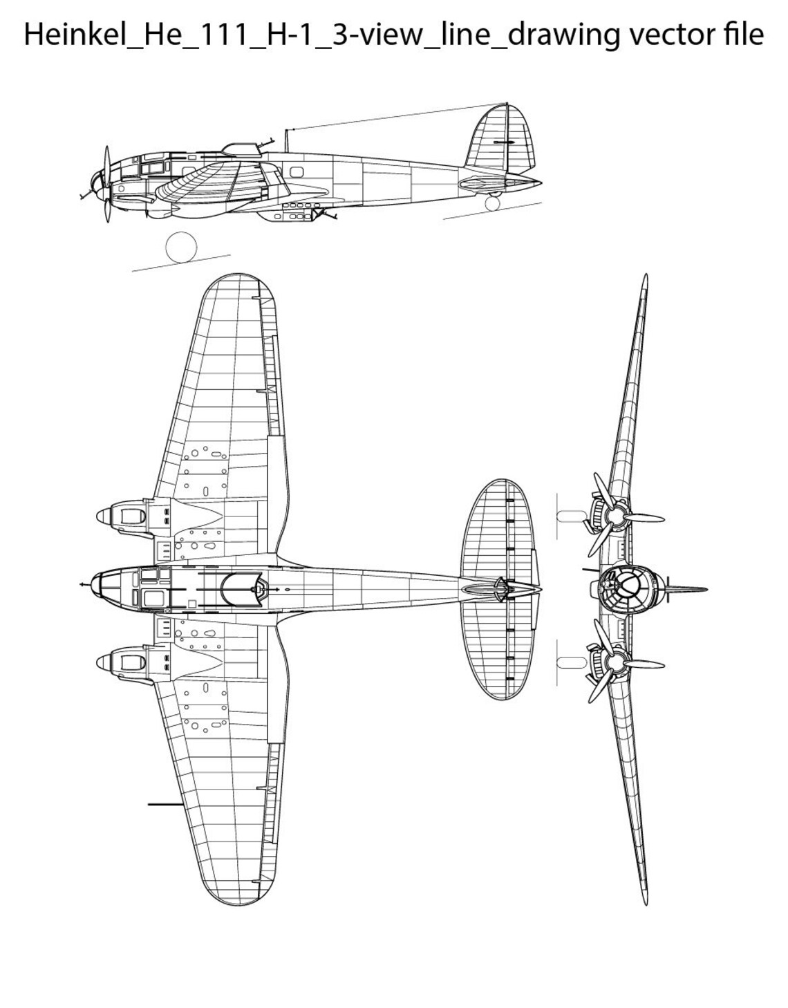 Heinkel He 111 H 1 3 View Line Drawing Vector File, Black White ...