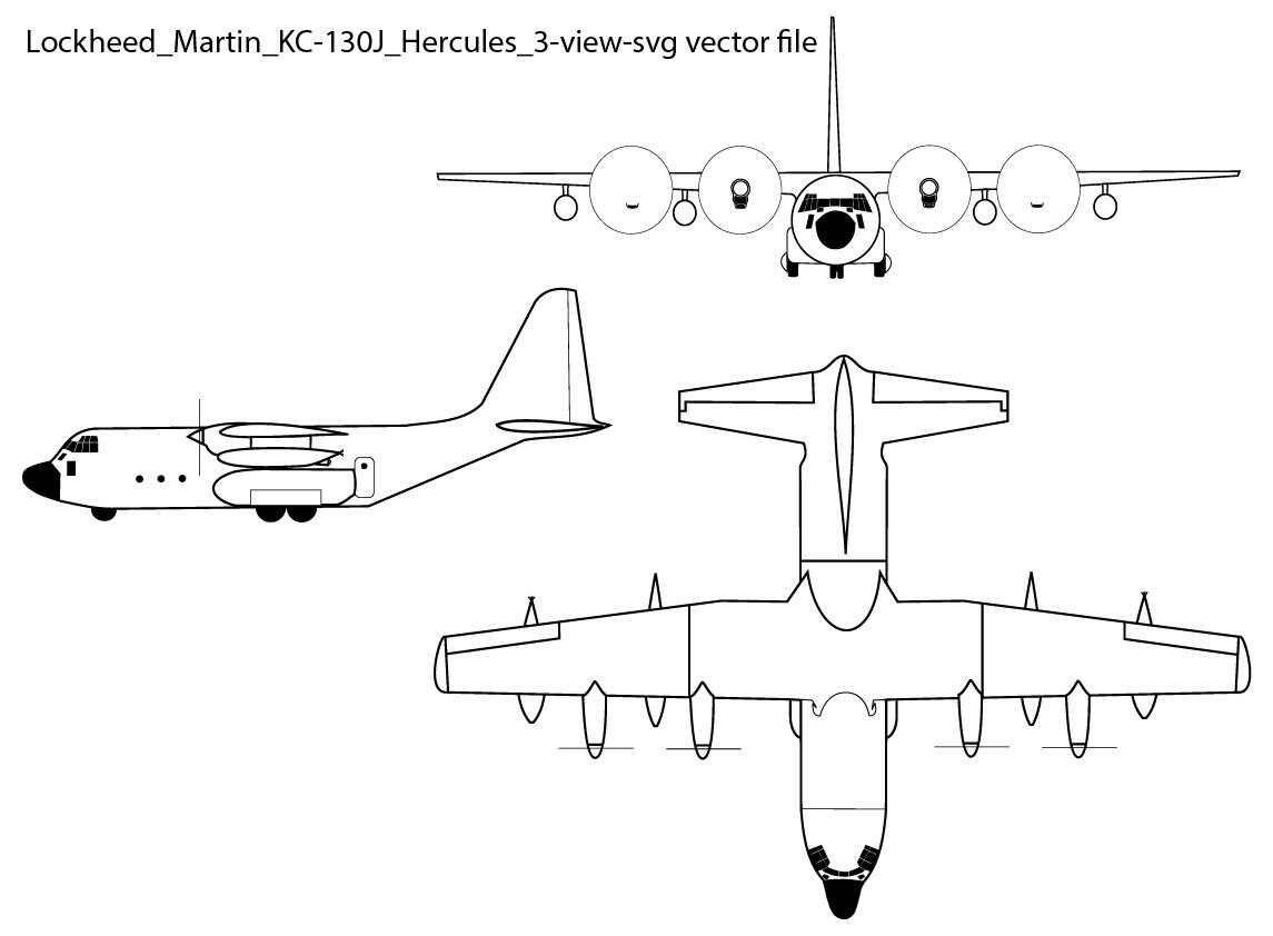 Lockheed Martin KC 130J Hercules 3 View Svg Vector, Black White ...