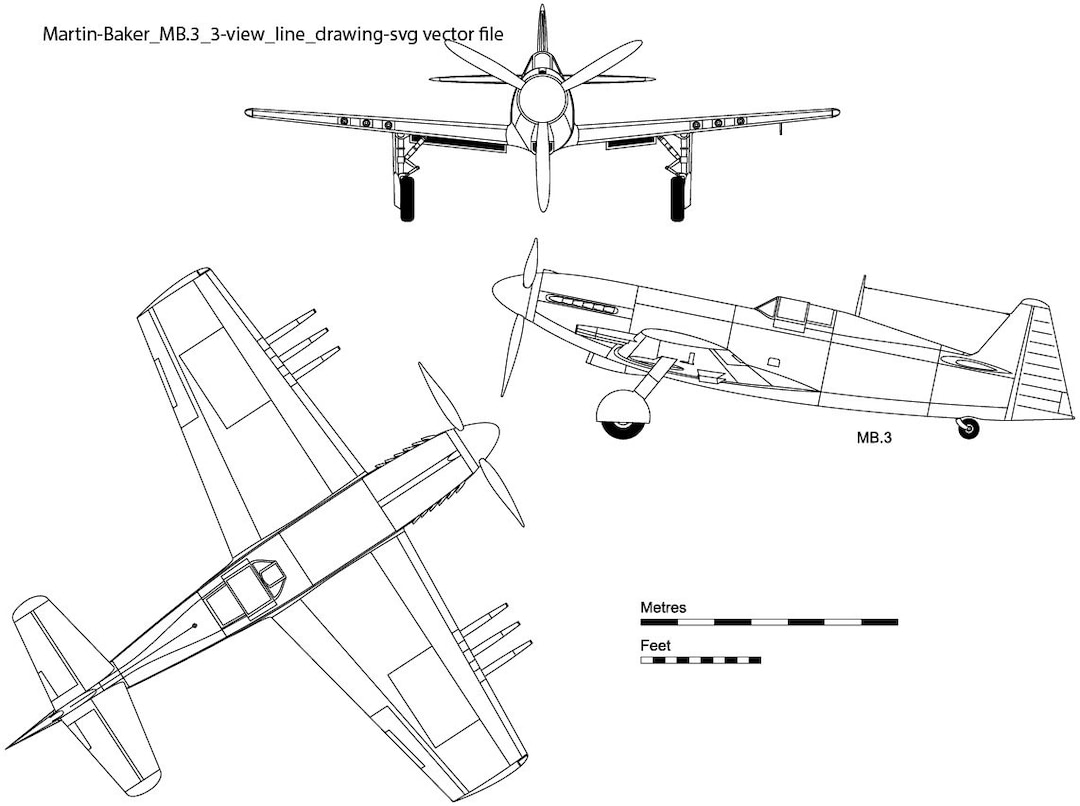 Martin Baker MB 3 3 View Line Drawing Svg Vector, Black White ...