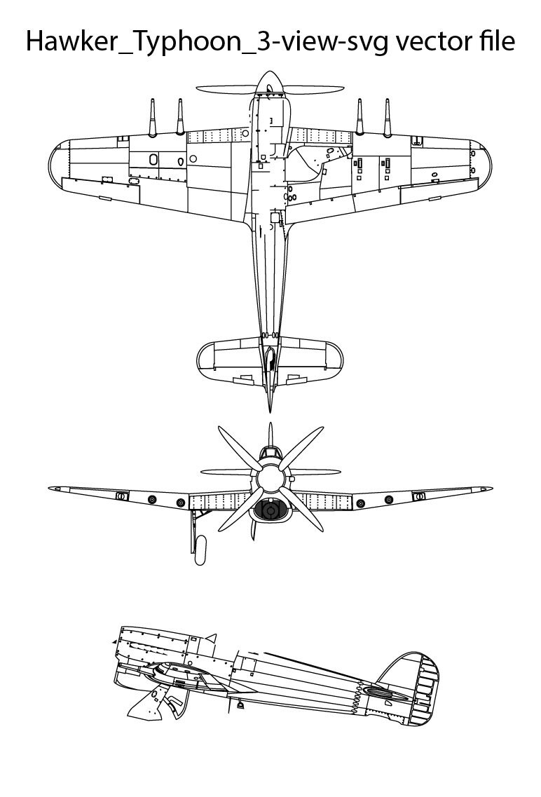 Hawker Typhoon 3 View Svg Vector File, Black White, Helicopter, Jet ...