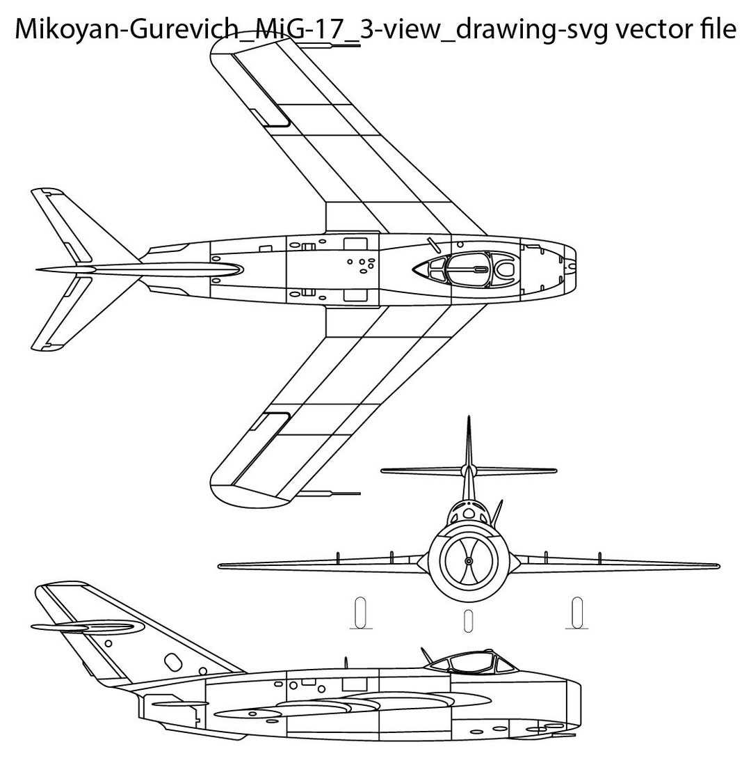 Mikoyan Gurevich Mig 17 3 View Drawing Svg Vector, Black White ...