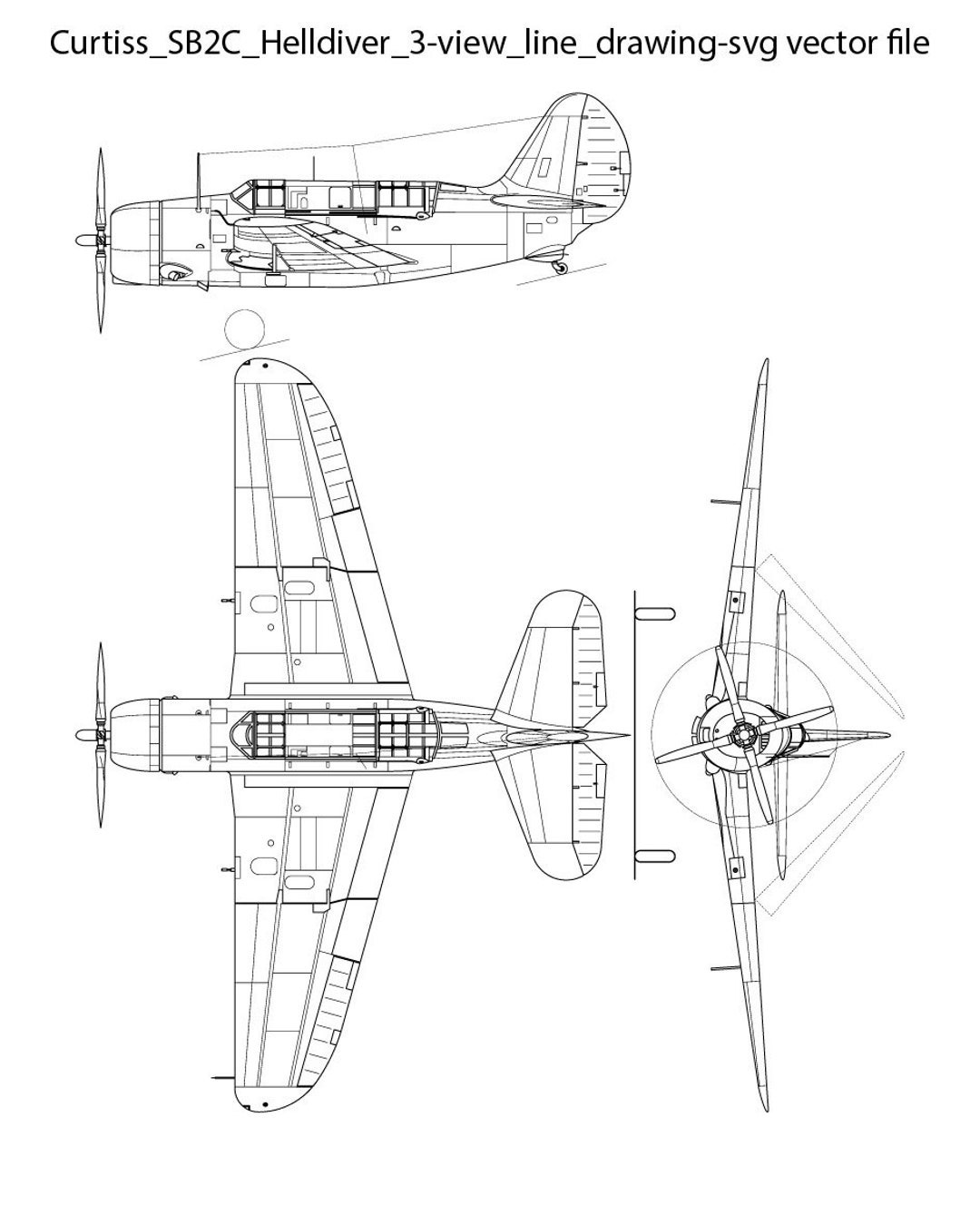 Curtiss SB2C Helldiver 3 View Line Drawing Svg Black White, Helicopter ...