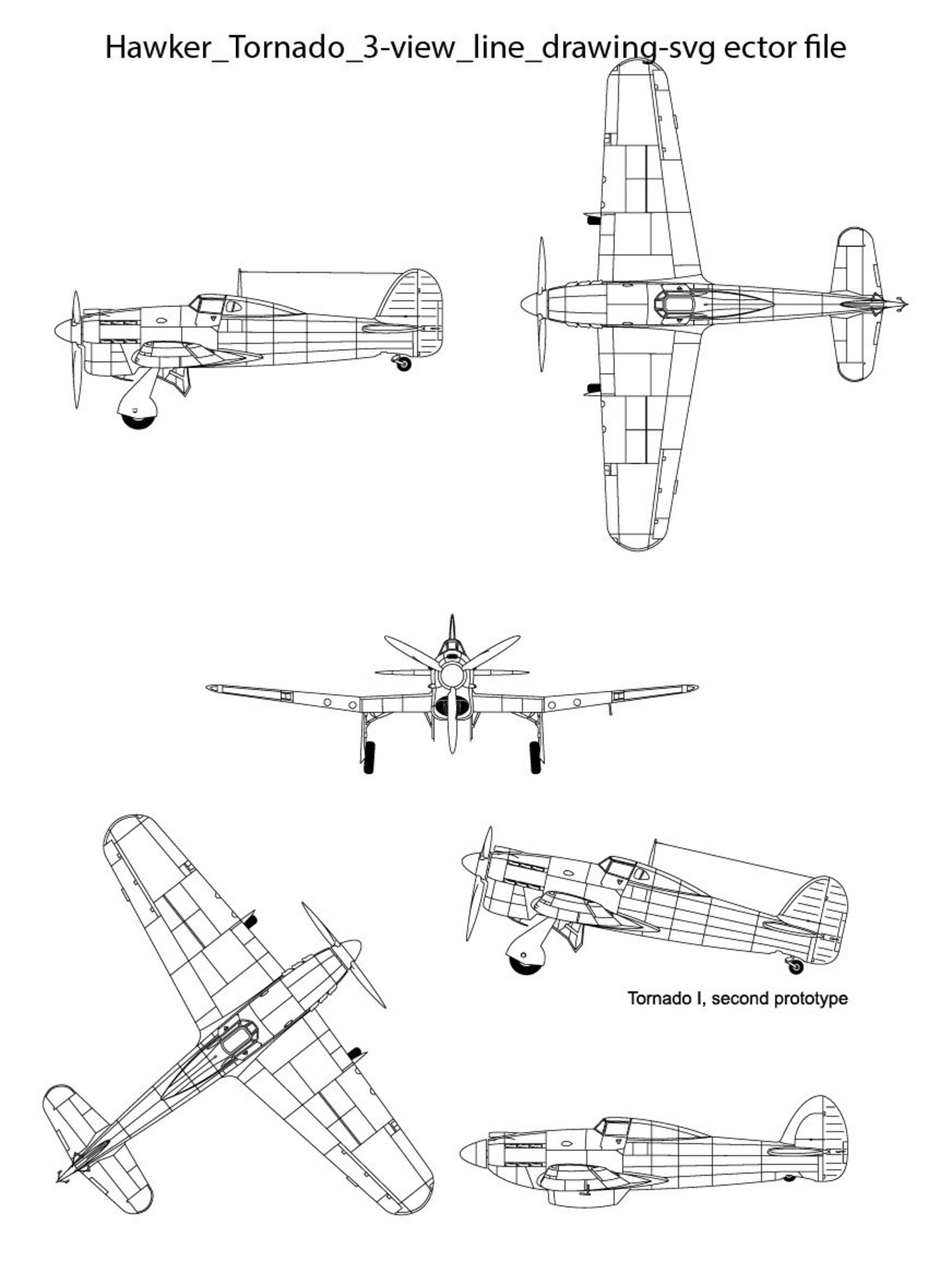 Hawker Tornado 3 View Line Drawing Svg Vector File, Black White ...
