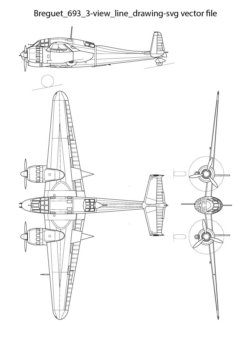 Breguet 693 3 View Line Drawing Svg Vector File , Black White ...