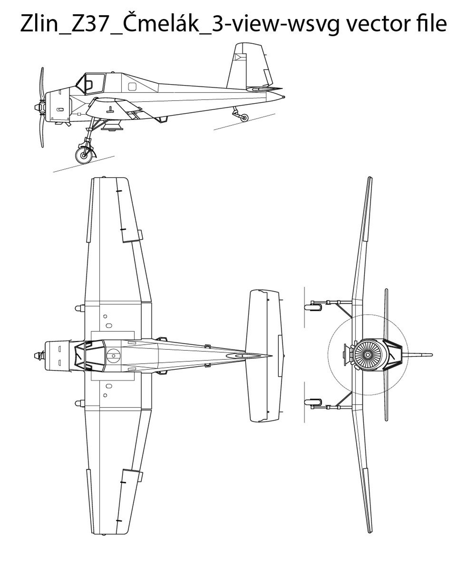 Zlin Z37 Cmelak 3 View Svg Vector File, Black White, Helicopter, Jet ...