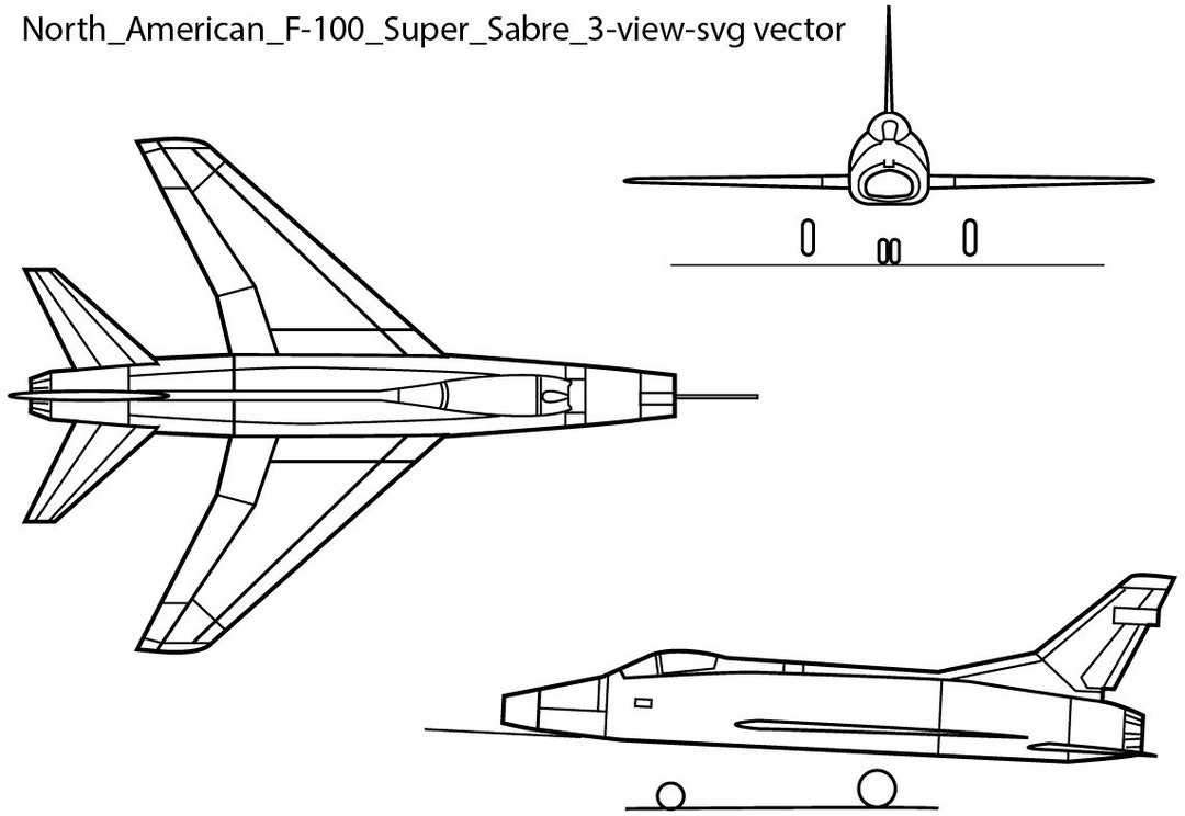 North American F 100 Super Sabre 3 View Svg Vector, Black White ...