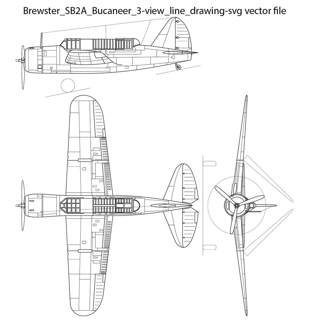Brewster SB2A Bucaneer 3 View Line Drawing Svg Vector, Black White ...