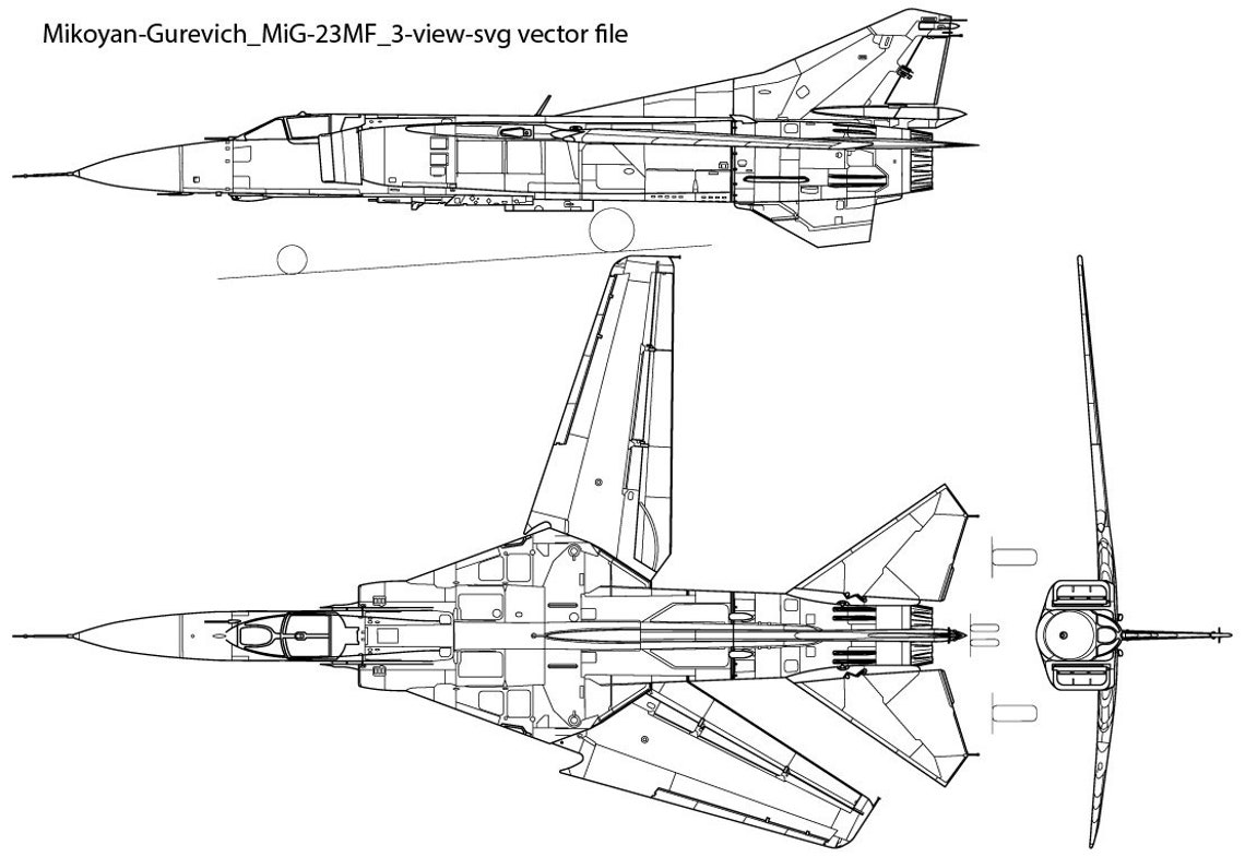 Mikoyan Gurevich Mig 23MF 3 View Svg Vector File, Black White ...