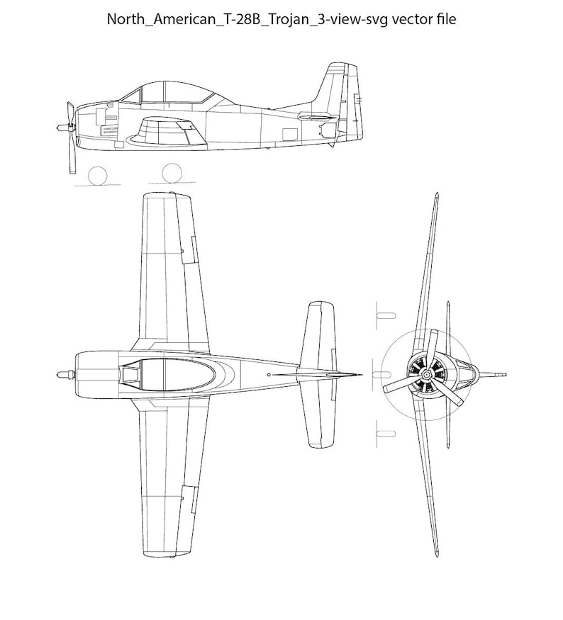 North American T 28B Trojan 3 View Svg Vector File, Black White ...