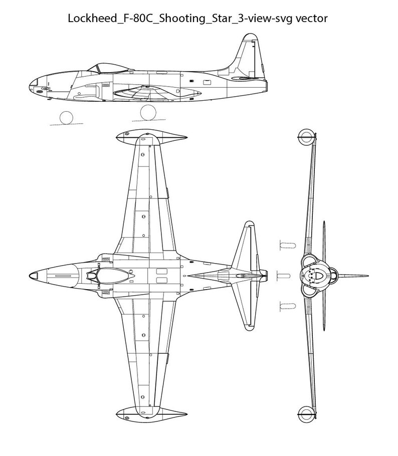 Lockheed F 80C Shooting Star 3 View Svg Vector, Black White, Helicopter ...