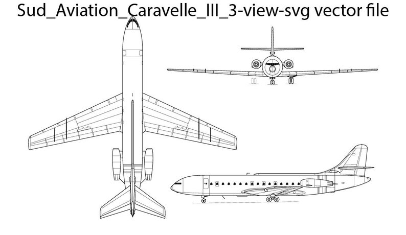Sud Aviation Caravelle III 3 View Svg Vector File, Black White ...