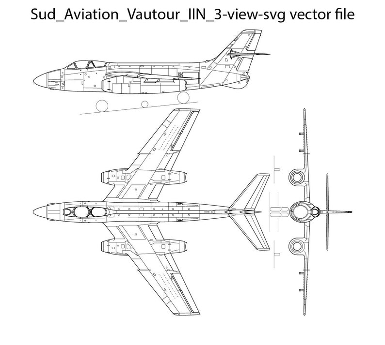 Sud Aviation Vautour IIN 3 View Svg Vector File, Black White ...