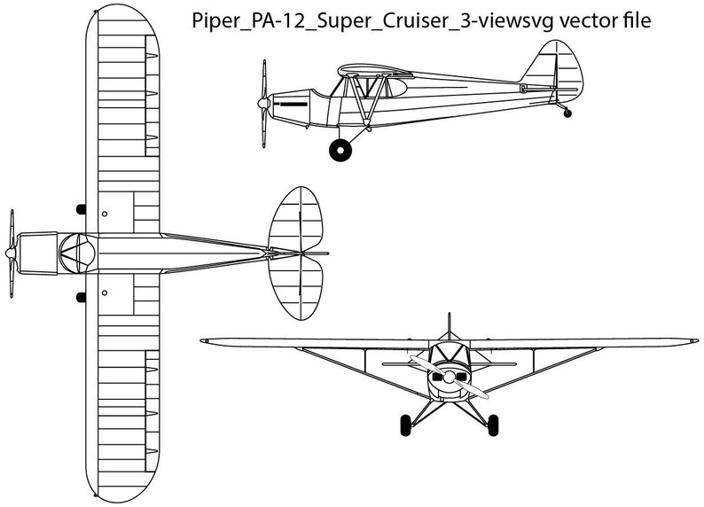 Piper PA 12 Super Cruiser 3 View Svg Vector File, Black White ...