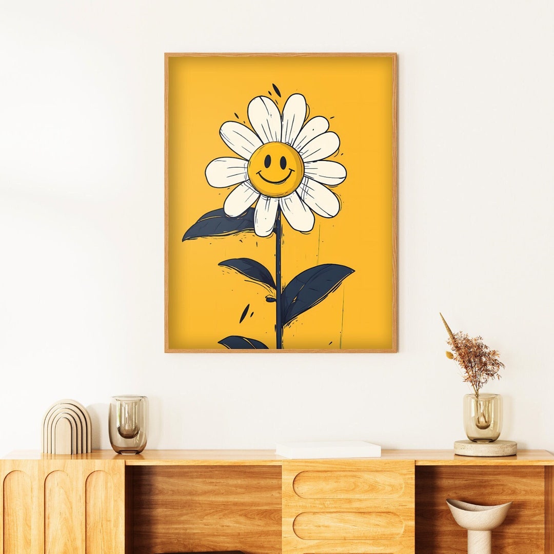 Cartoon Flower Wall Art Yellow Sunflower Print, Happy Sunflower Canvas ...