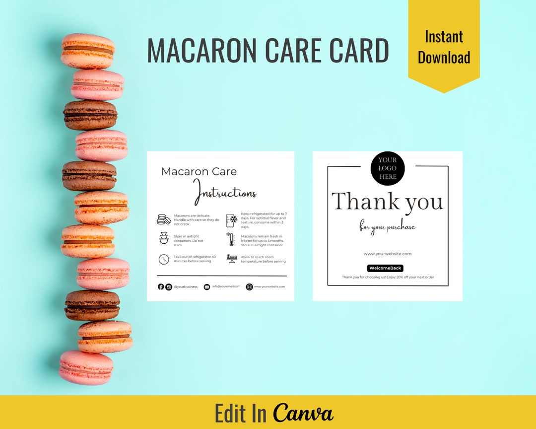 Macaron Care Card Template: Bakery Business Instructions (digital ...