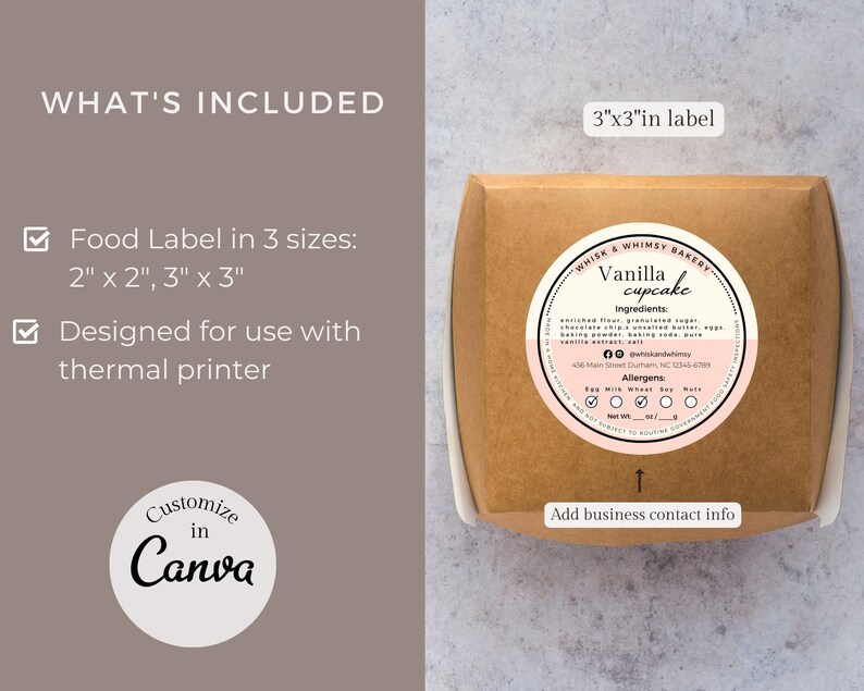 Printable Bakery Label Template: Cupcake Ingredient Label (digital ...