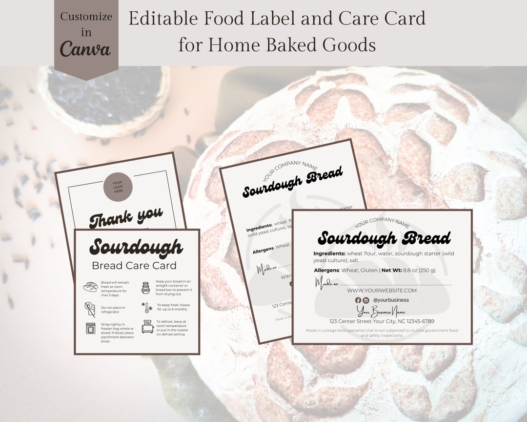 Bread Care Card and Sourdough Bread Food Label Bundle DIY Printable ...