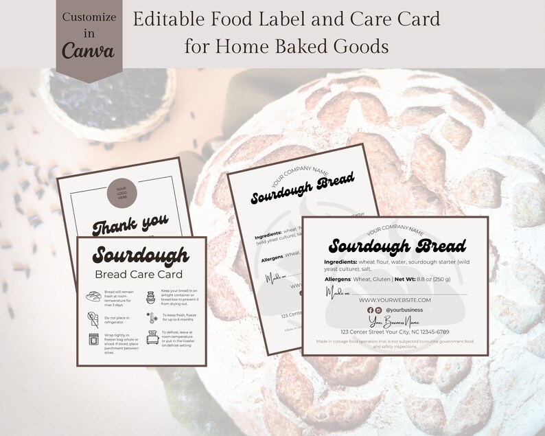 Bread Care Card and Sourdough Bread Food Label Bundle DIY Printable ...