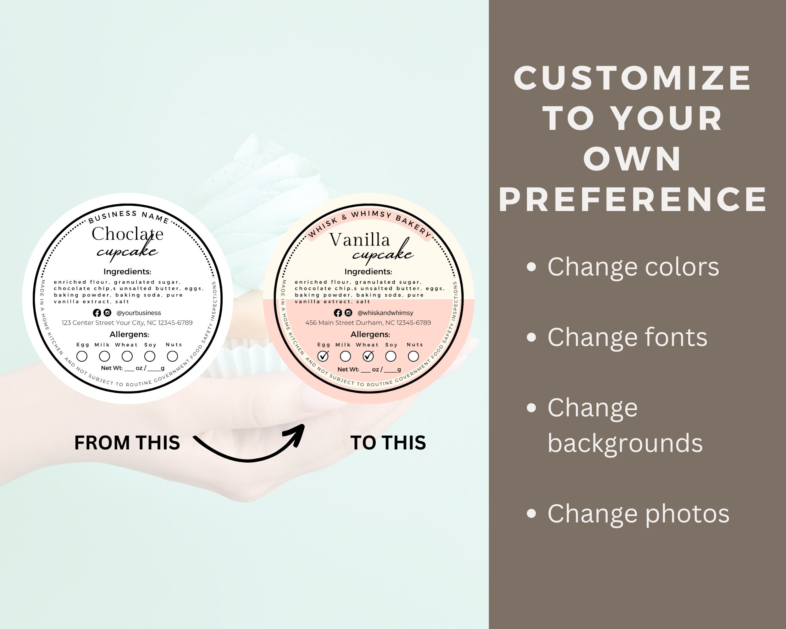 Printable Bakery Label Template: Cupcake Ingredient Label (digital ...