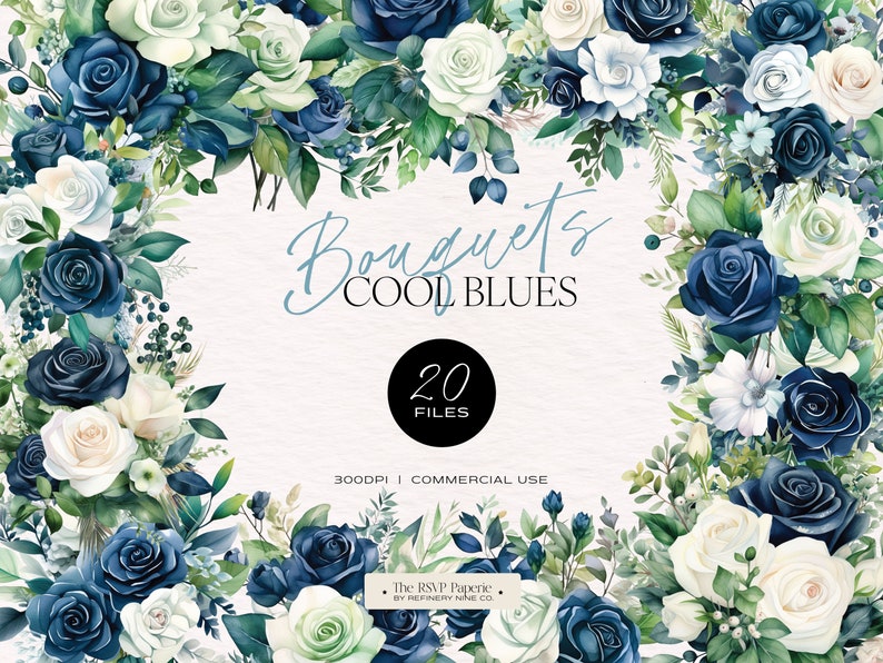 Navy Blue Floral Bouquets, Watercolor Clipart, Cooler Tones, Wedding ...