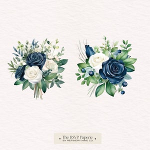Navy Blue Floral Bouquets, Watercolor Clipart, Cooler Tones, Wedding ...