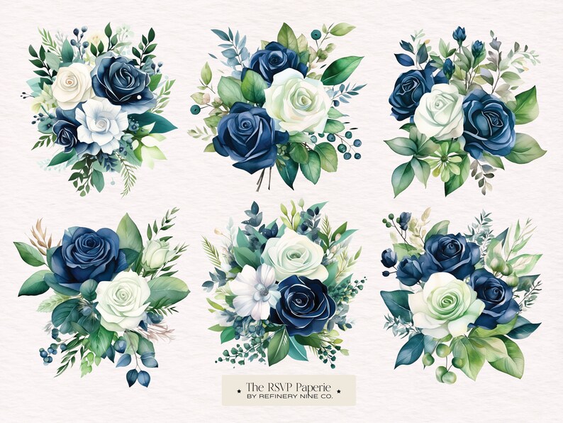 Navy Blue Floral Bouquets, Watercolor Clipart, Cooler Tones, Wedding ...