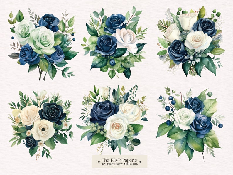 Navy Blue Floral Bouquets, Watercolor Clipart, Cooler Tones, Wedding ...