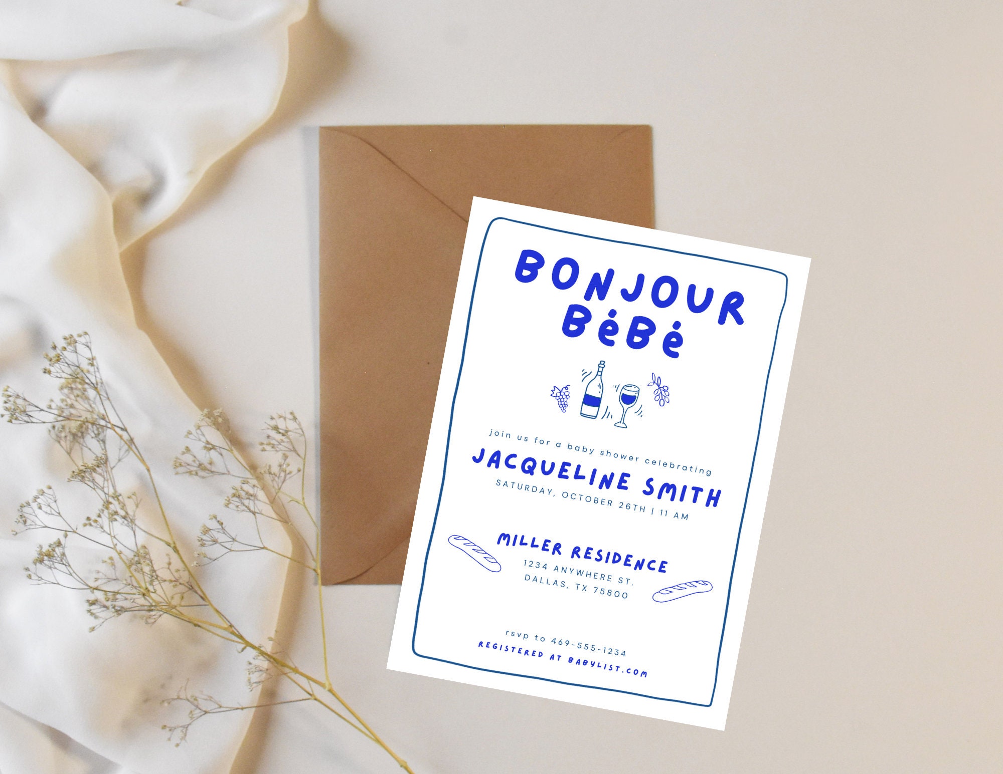 Bonjour Bébé Baby Shower Invitation Bundle, Editable French Baby Shower ...