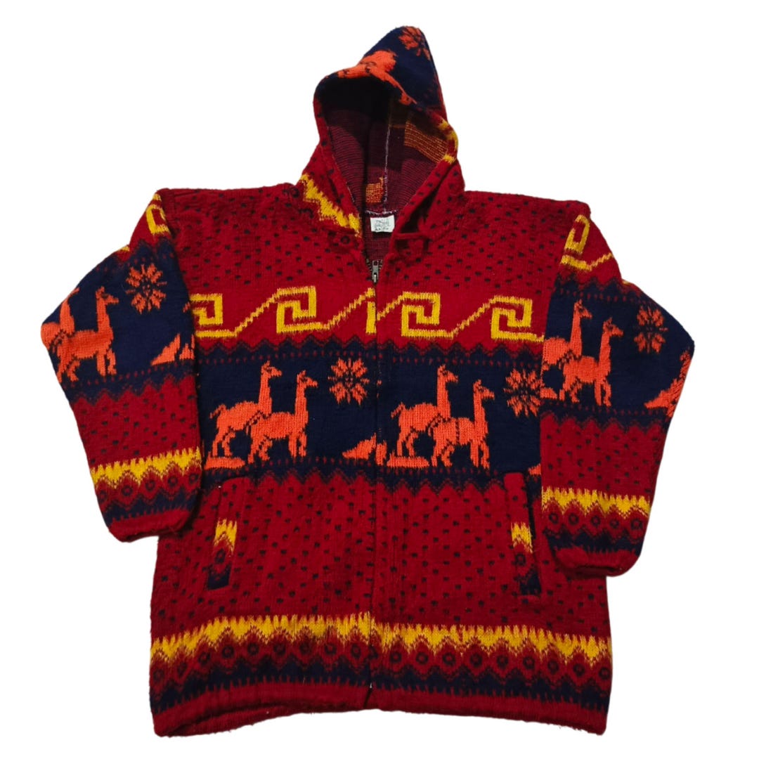 Vintage Andes Artesania Alpaca Wool Pictorial Hoodie Sweater Red Wool ...