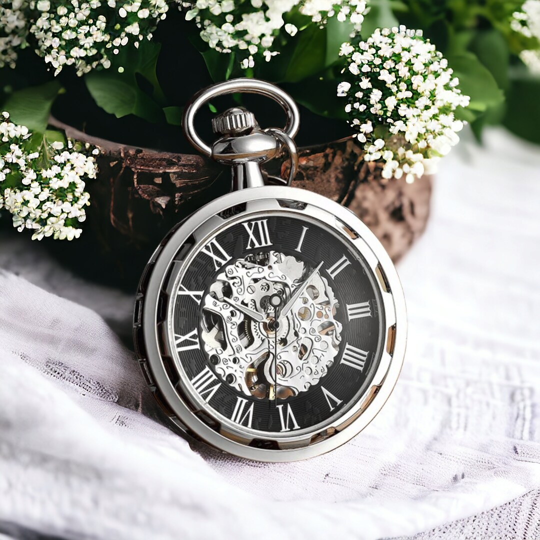 Steampunk Silver Pocket Watch Mechanical Hand Wind, Open Face, Unique ...