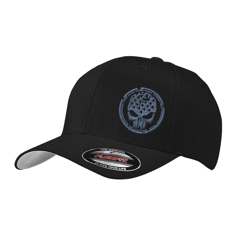Warrior Distressed Skull US Flag Embroidered 6277 and 6477 Flexfit Hats ...