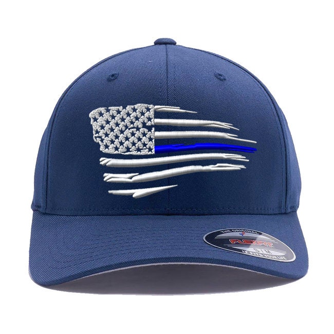 Waving US Flag Thin Blue Line Embroidered 6277 and 6477 Flexfit Hats ...