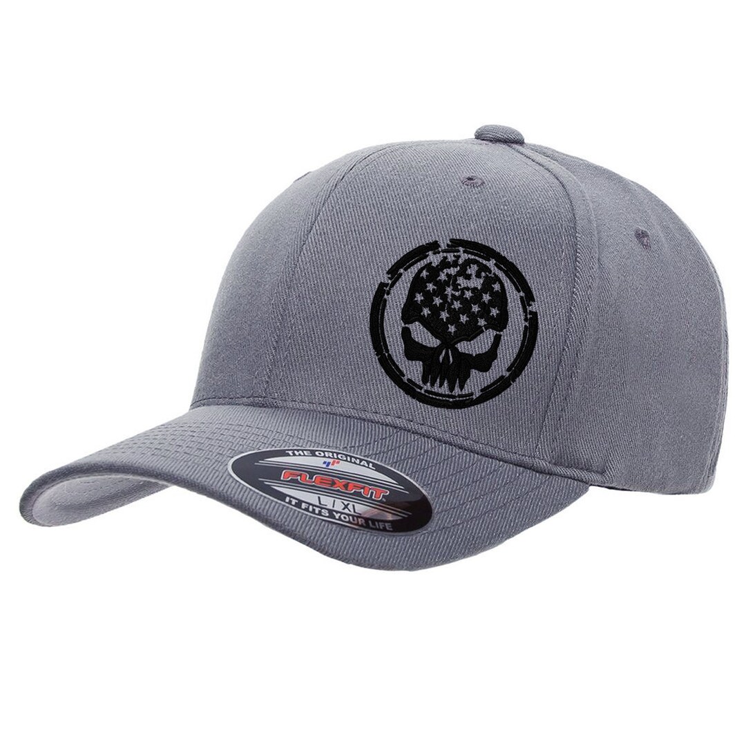 Warrior Distressed Skull US Flag Embroidered 6277 and 6477 Flexfit Hats ...