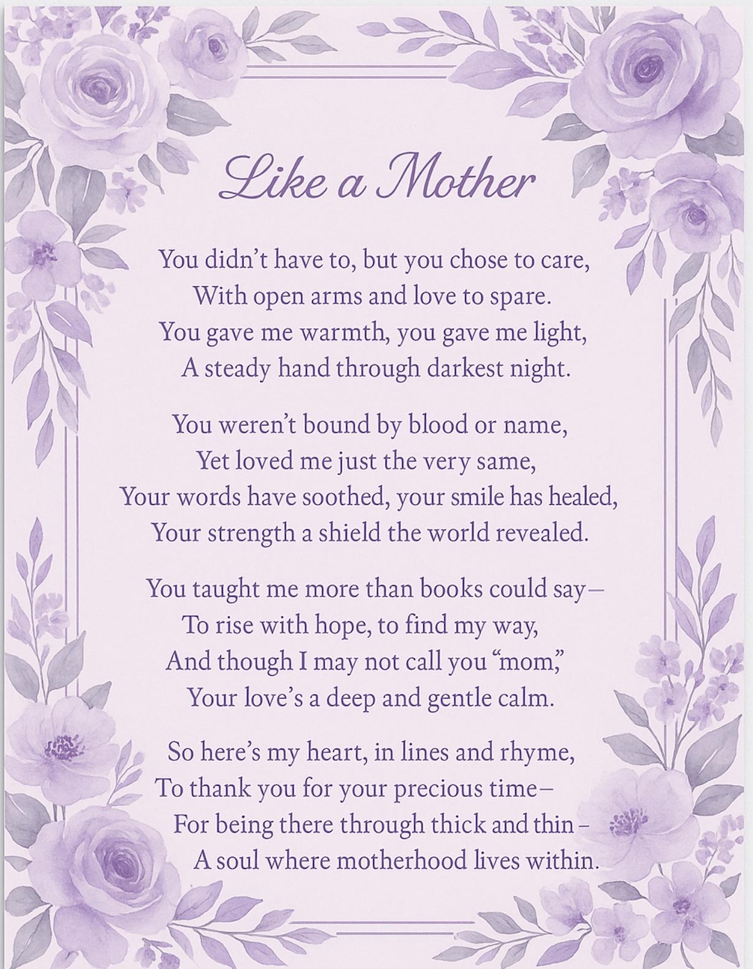 Like a Mother Mother's Day Poem Purple Step Mother Close Mother Figure ...
