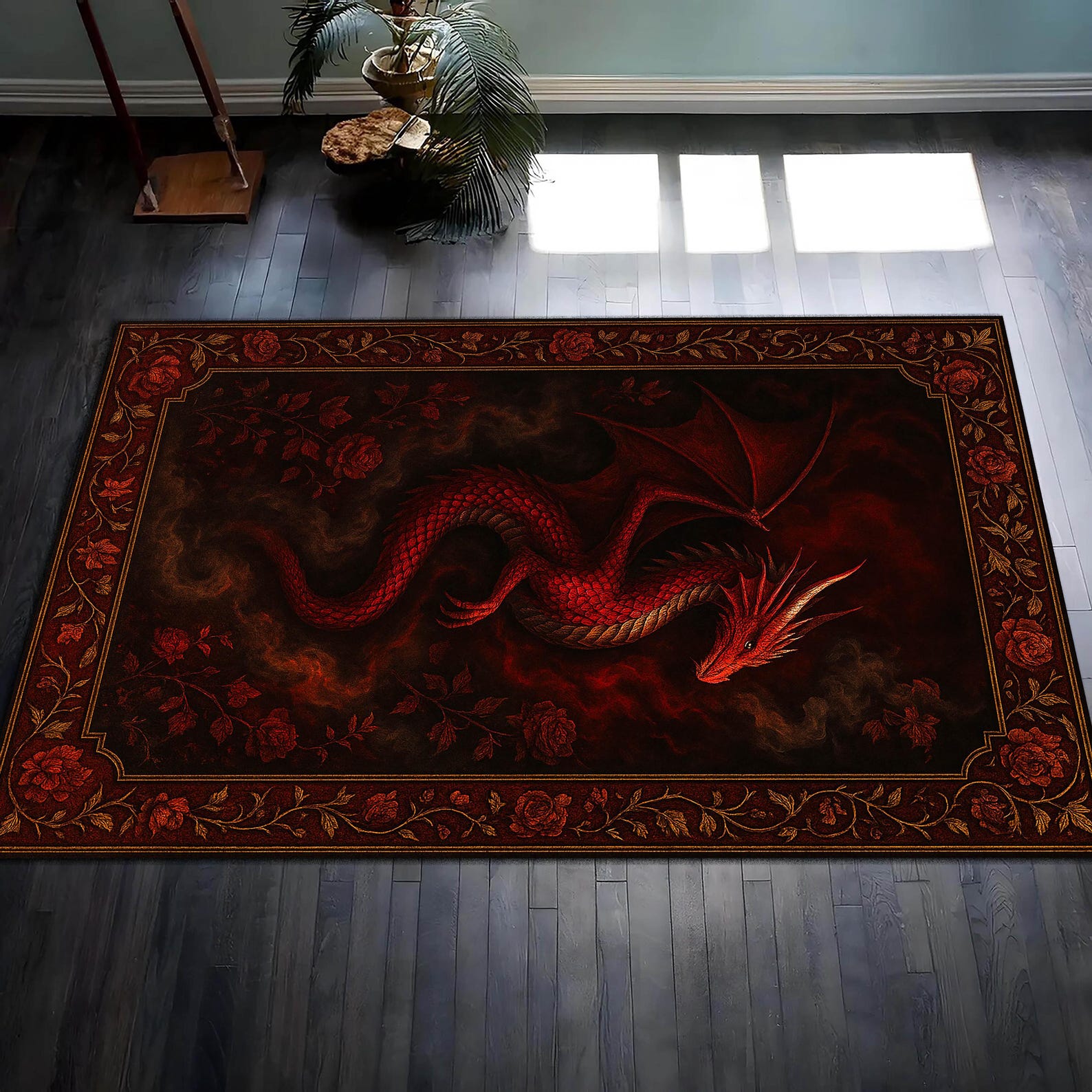 Crimson Dragon Inferno Rug – Red Gothic Carpet With Dragon and Rose ...