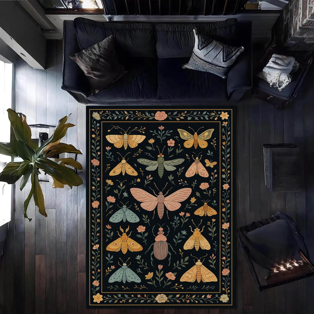 Botanical Insect Rug With Colorful Moths and Beetles, Vintage ...