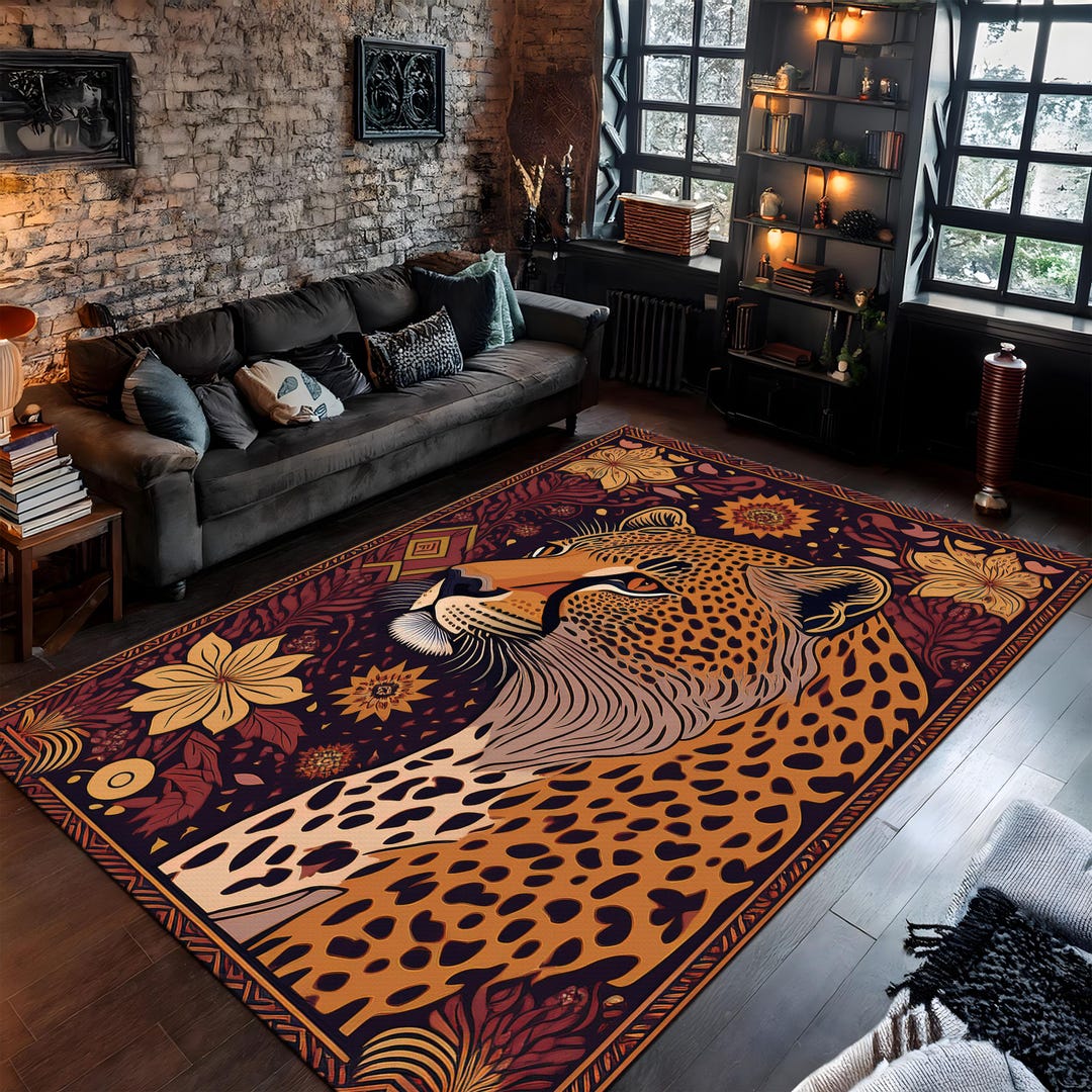 Floral Leopard Rug, Rug Pattern Leopard Rug, Leopard Floor Decor Rug ...