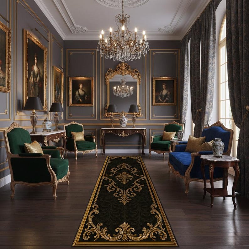 Black and Gold Baroque Runner Rug – Elegant Hallway Carpet With Ornate ...
