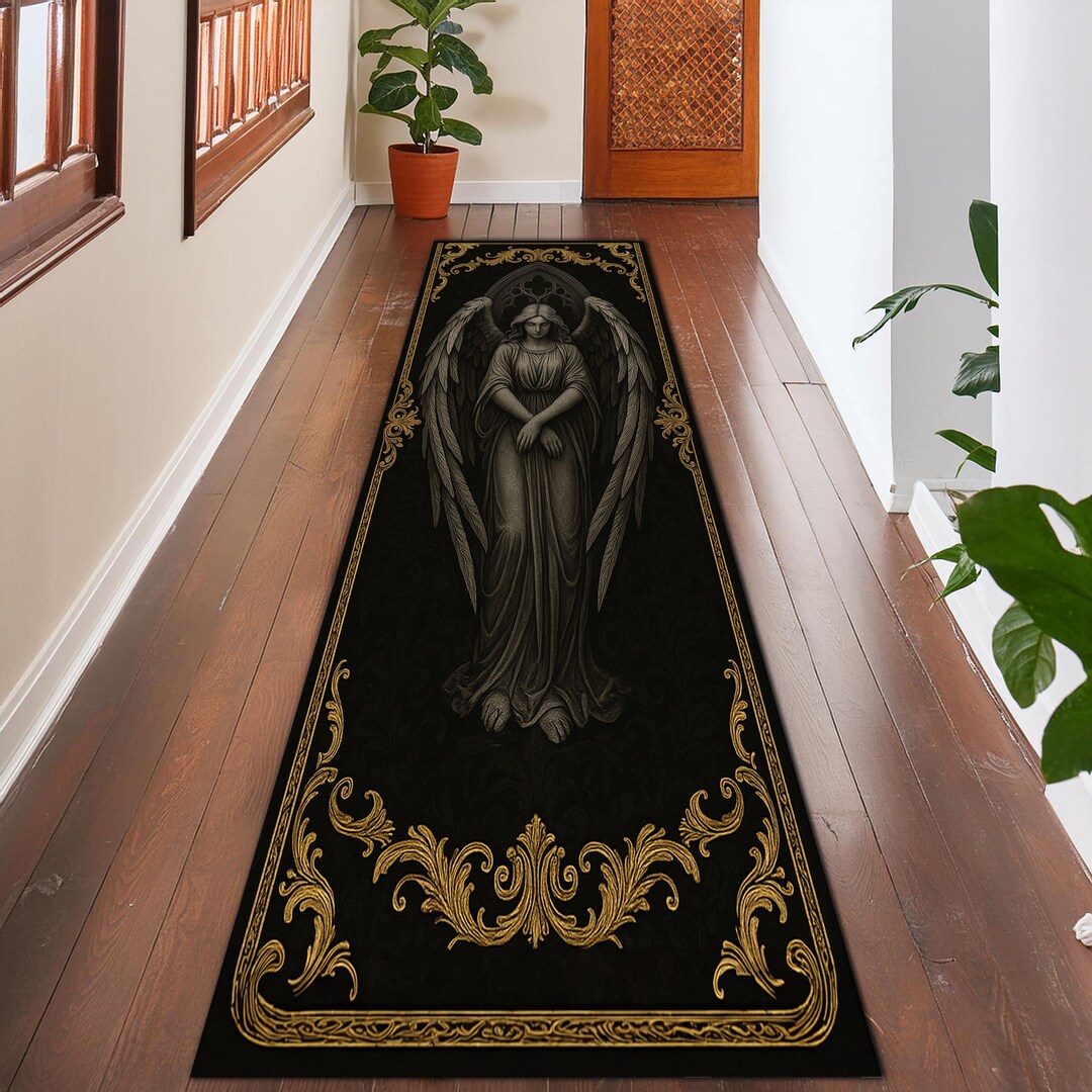 Gothic Angel Runner Rug – Black Hallway Carpet With Gold Baroque Frame ...