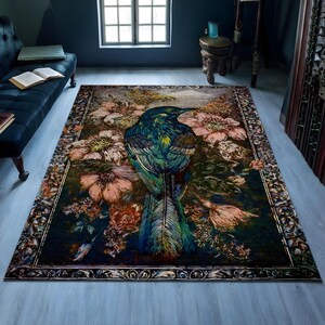 Vintage Bird Rug, Floral Area Rug, Flower Rug, Botanic Design Decor for ...