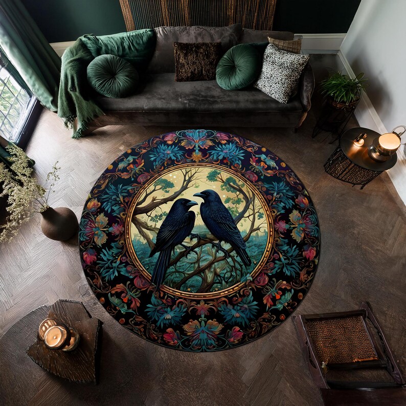 Raven Round Rug for Goth Room, Dark Academia Crow Rug, Cottegore Home ...