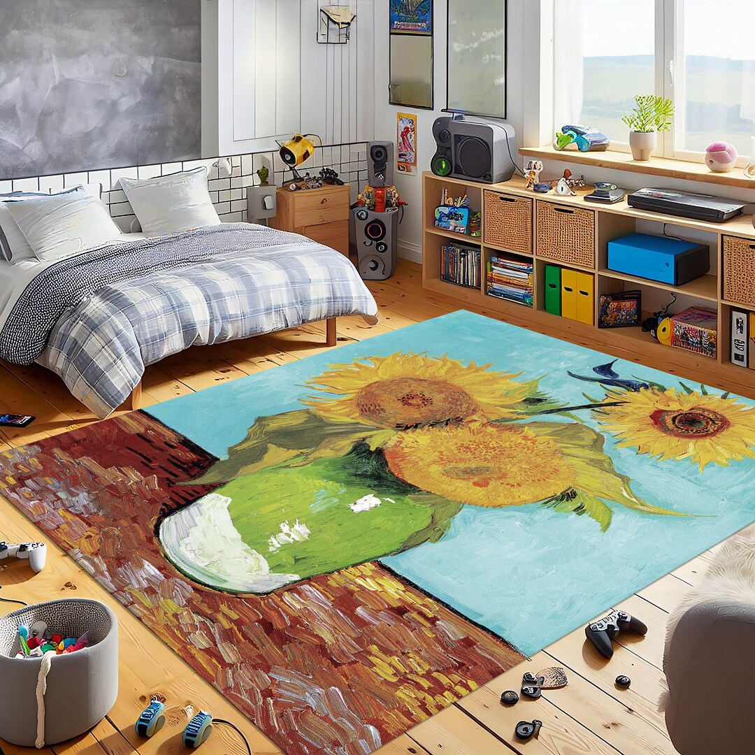 Van Gogh Rug, Flower Rug, Twelve Sunflower Vase Rug, Still Life Rug ...