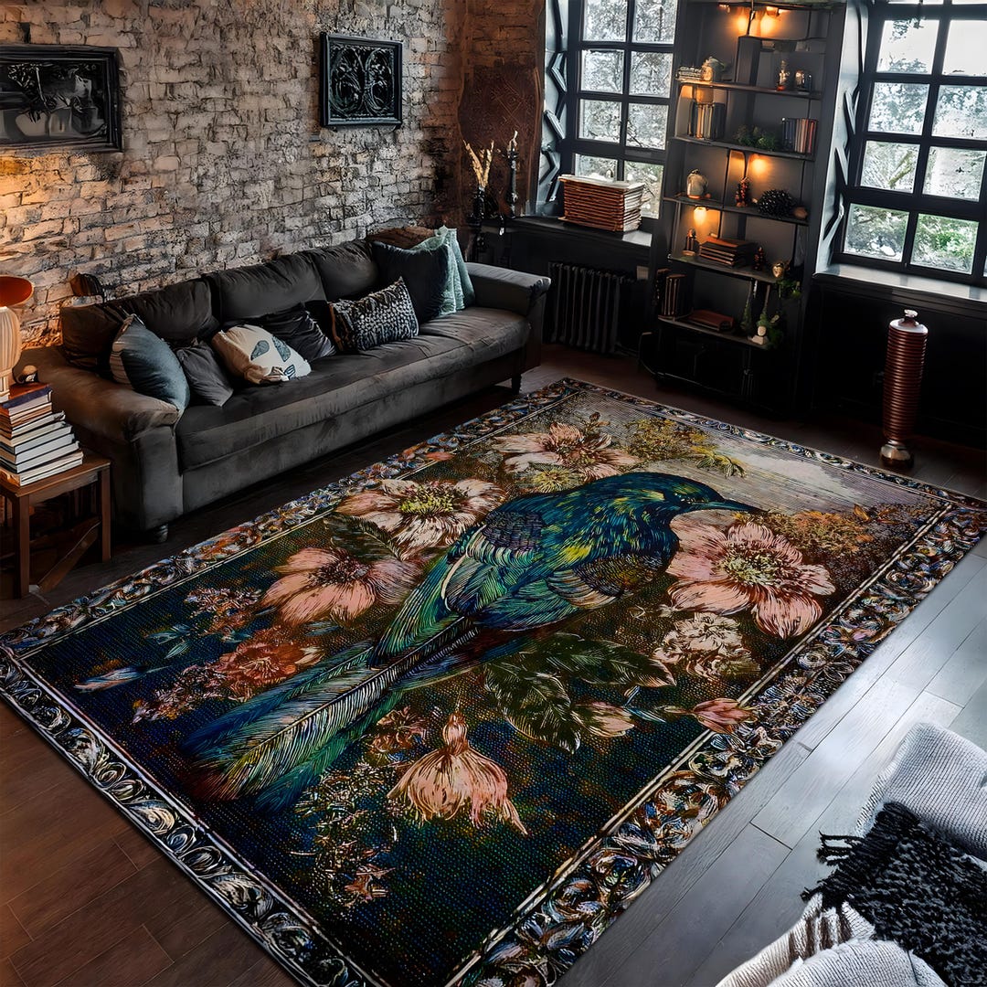 Vintage Bird Rug, Floral Area Rug, Flower Rug, Botanic Design Decor for ...