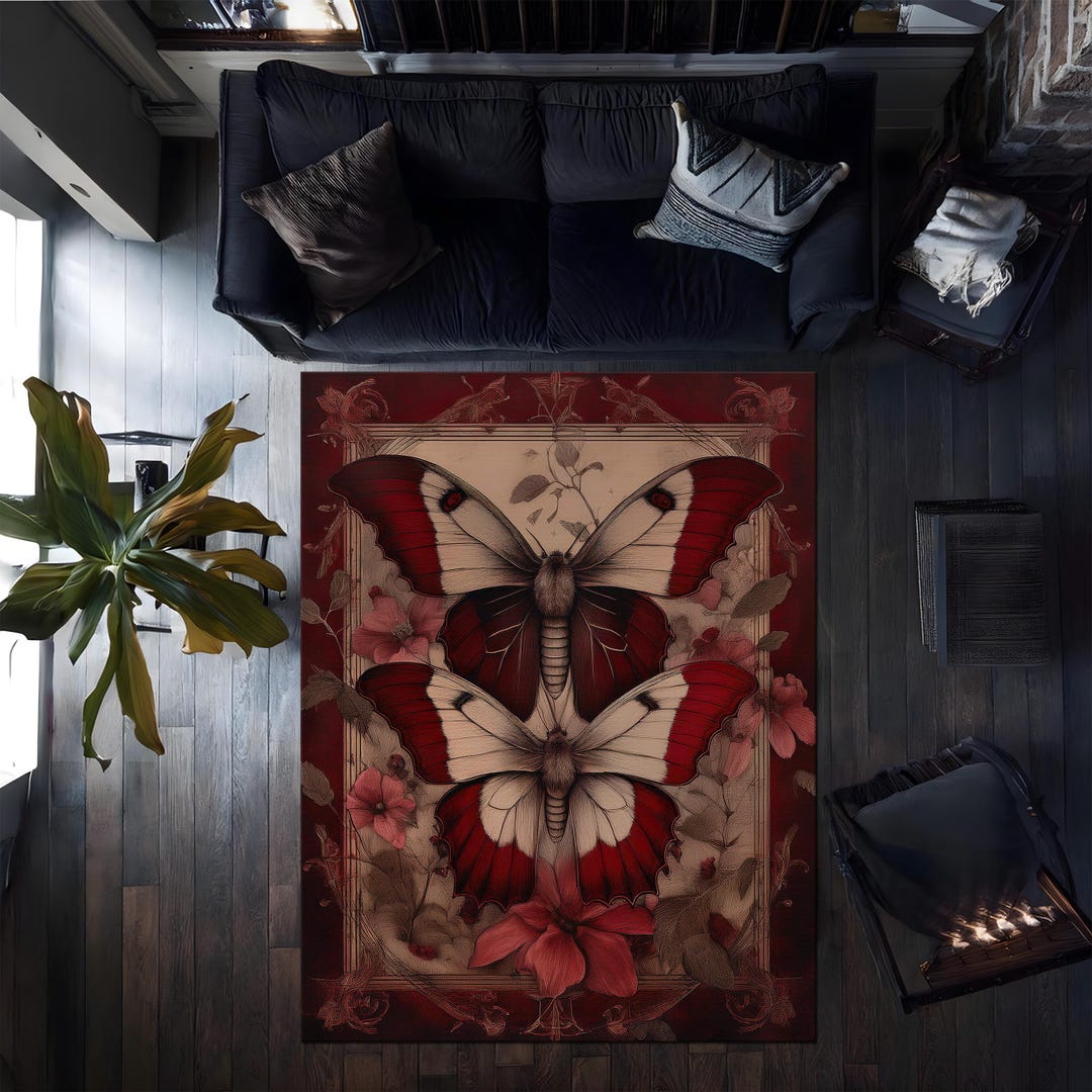 Floral Luna Moth Rug, Mystic Butterfly Rug, Gothic Rug, Cherry Red Rug ...