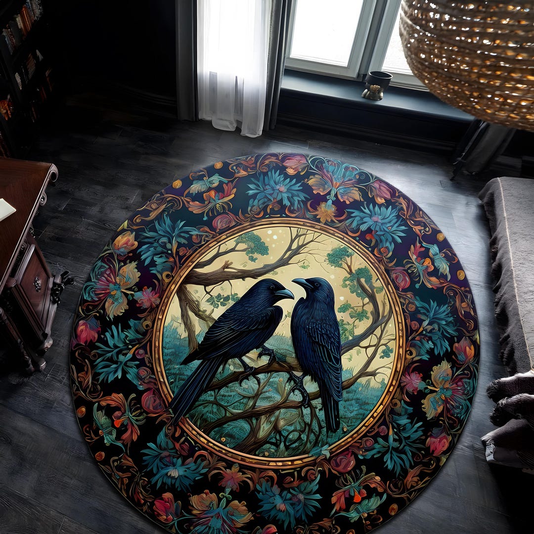 Raven Round Rug for Goth Room, Dark Academia Crow Rug, Cottegore Home ...