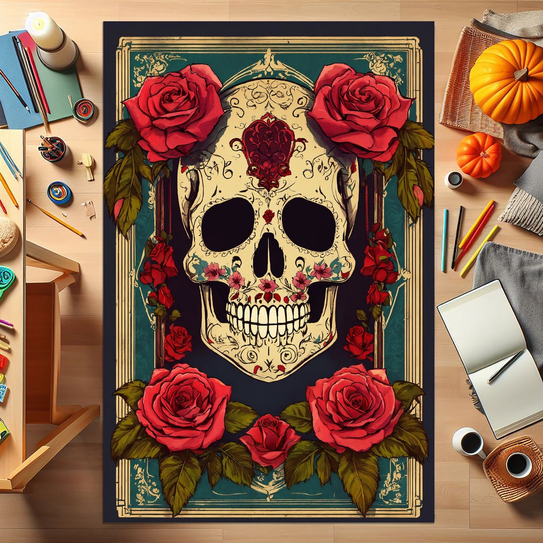 Skull Rug,gothic Rug,red Rose Rug,skeleton Rug,skulls Design,evil Skull ...