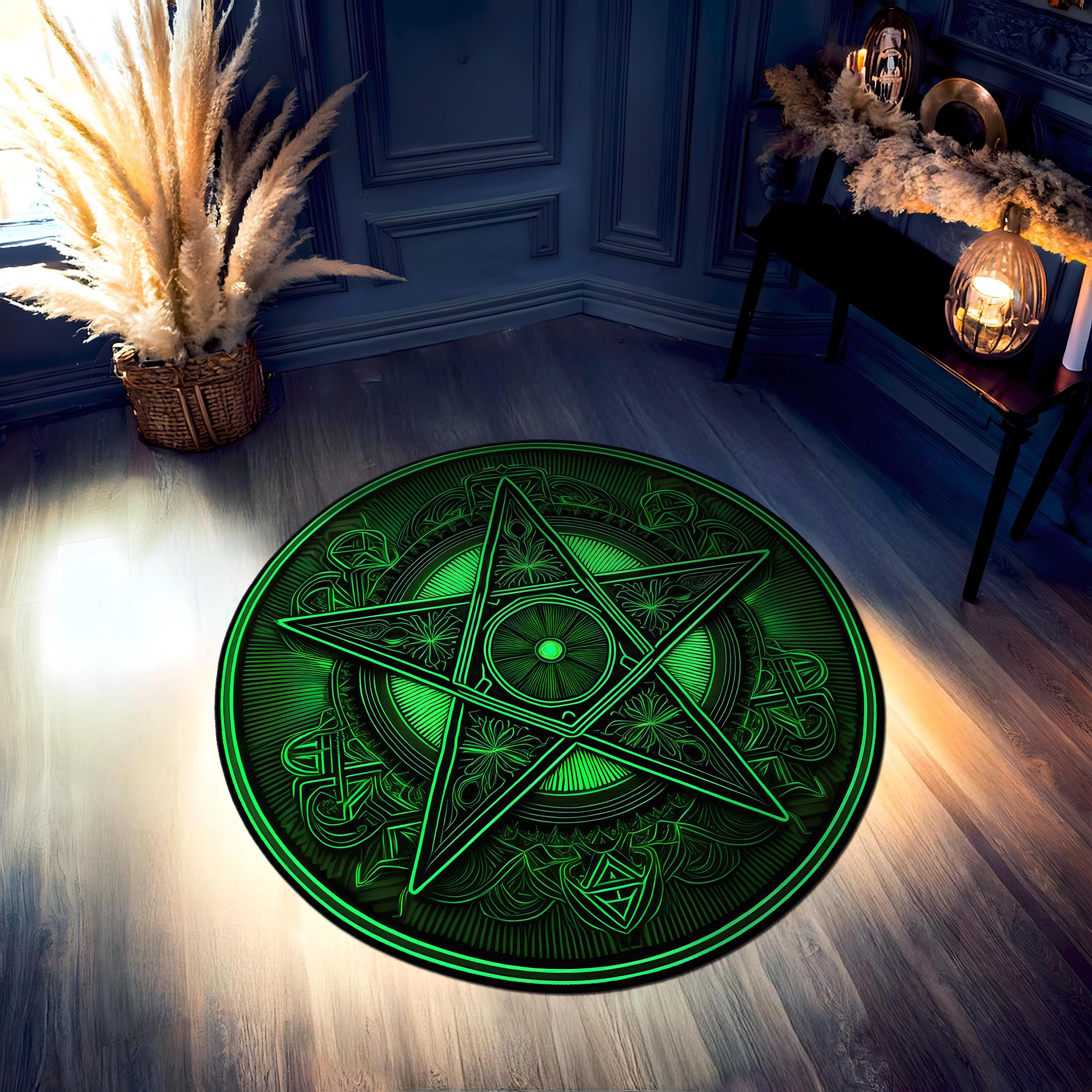Neon Green Pentagram Rug, Pentacle Symbol Rug, Round Devil Rug, Satan ...