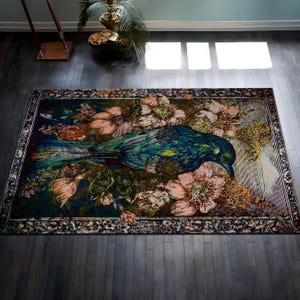 Vintage Bird Rug, Floral Area Rug, Flower Rug, Botanic Design Decor for ...